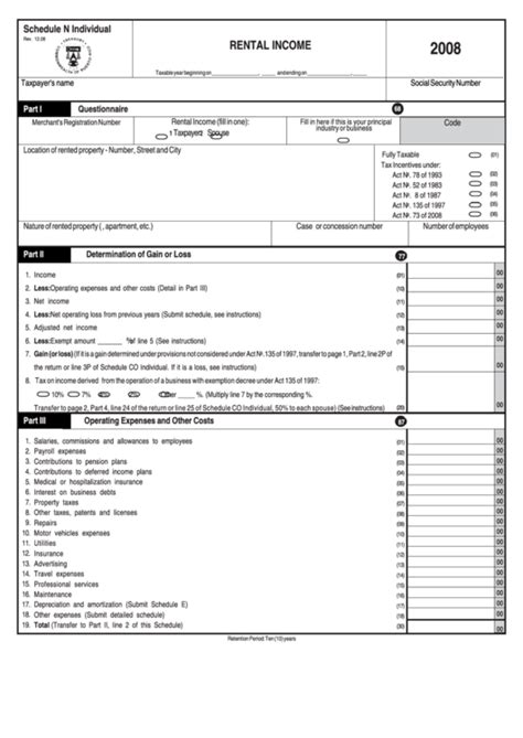 Schedule N Individua Form Rental Income 2008 Printable Pdf Download