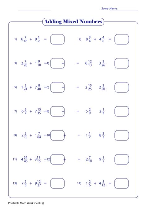 Adding Mixed Numbers Printable Pdf Download
