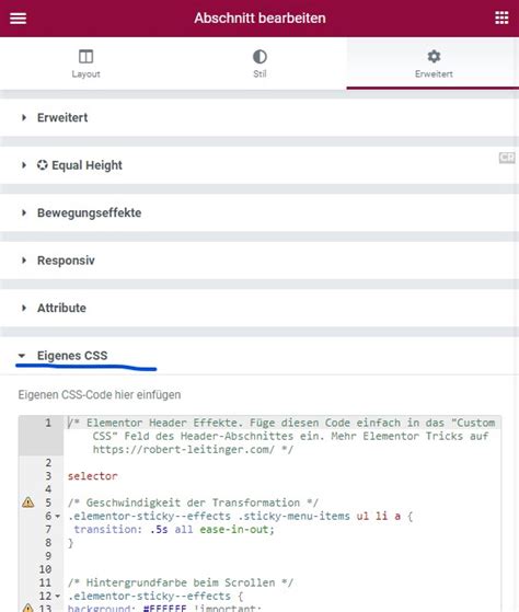 elementor sticky header effekte mit css code copy and paste