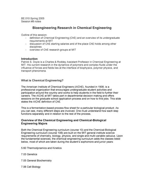 Bioengineering Research In Chemical Engineering Be Spring 2005 Session 8 Notes Bioengineering