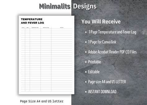 Temperature And Fever Log Fever Tracker Fever Chart Temperature Log