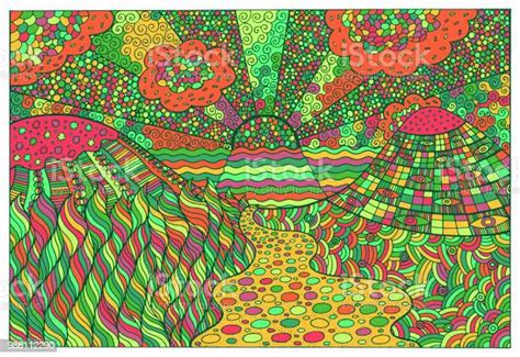 낙서 초현실적인 풍경입니다 환상적인 다채로운 환각 그래픽 작품입니다 벡터 일러스트입니다 강렬하고 밝은 색상에 대한 스톡 벡터 아트 및 기타 이미지 Istock