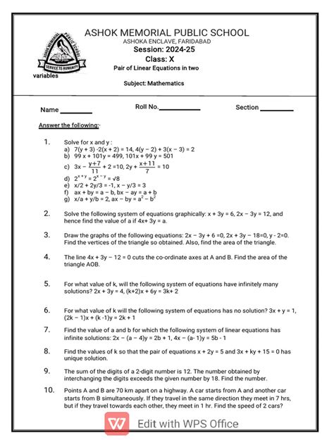 Class X Assignment 2024 25 Linear Eqaution In Two Variables Hi Pdf