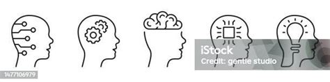 인간의 머리와 디지털 과학 블랙 라인 아이콘 세트 브레인스토밍 흰색 배경에 사이버 교육 기호 지능형 기술 선형 픽토그램 편집 가능한 획 고립된 벡터 그림 개발에 대한 스톡