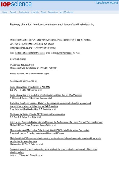 Pdf Recovery Of Uranium From Low Concentration Leach Liquor Of Acid In Situ Leaching