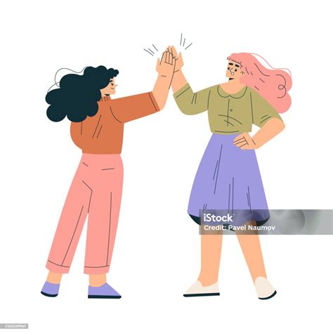 사업 개념 와 여자 특성 주다 하이 파이브 몸짓 벡터 일러스트 개념에 대한 스톡 벡터 아트 및 기타 이미지 개념 개발