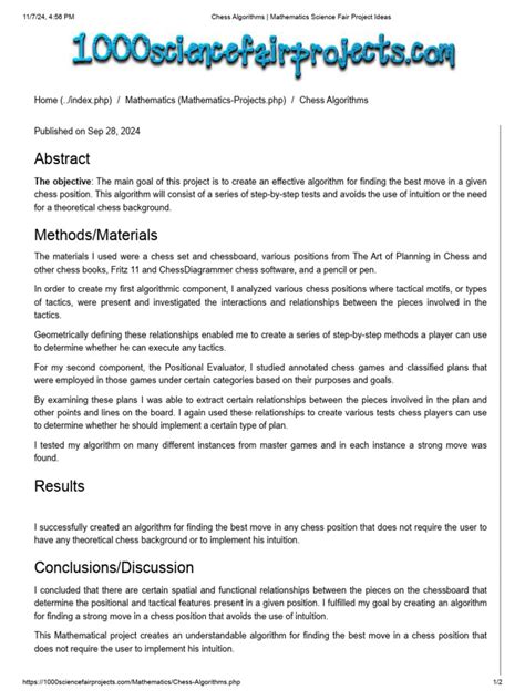 Chess Algorithms Mathematics Science Fair Project Ideas Pdf Chess