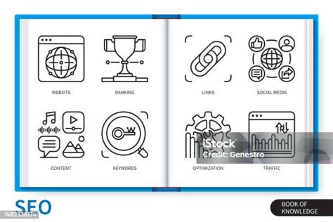 Seo 검색 엔진 최적화 인포그래픽 선형 아이콘 모음 에 대한 스톡 벡터 아트 및 기타 이미지 가상현실 개념