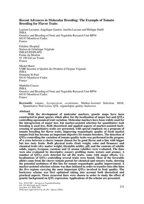 Pdf Recent Advances In Molecular Breeding The Example Of Tomato Breeding For Flavor Traits