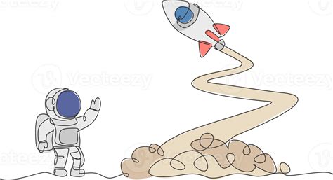 One Continuous Line Drawing Of Spaceman Astronaut Science On Moon Waving Hand To Launching