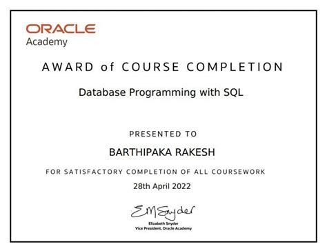 Rakesh Barthipaka On Linkedin I Have Completed Database Programming With Sql Oracle