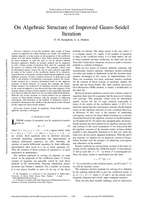 Pdf On Algebraic Structure Of Improved Gauss Seidel Iteration