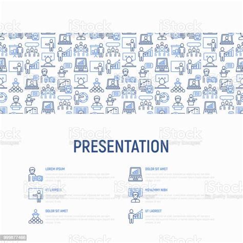 얇은 선 아이콘으로 프레 젠 테이 션 개념 세미나 인간 트리뷴 회의 프로젝터 관객 비디오 전화 회의 토론 배너 인쇄 매체 웹 페이지에 대 한 최신 벡터 일러스트 개념에 대한
