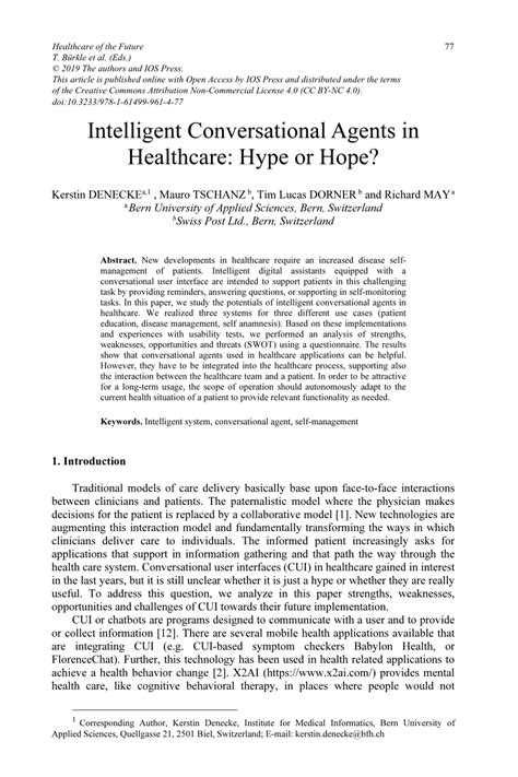 Pdf Intelligent Conversational Agents In Healthcare Hype Or Hope