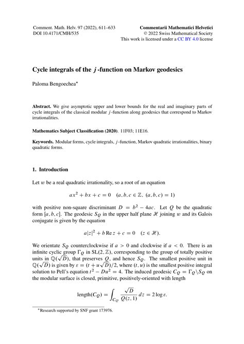 PDF Cycle Integrals Of The J Function On Markov Geodesics