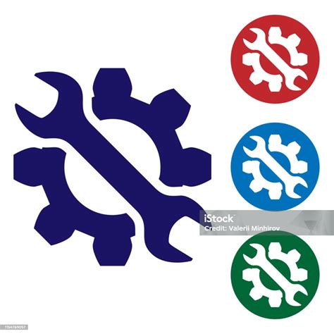 파란색 렌치와 기어 아이콘 흰색 배경에 고립입니다 조정 서비스 설정 유지 보수 수리 및 수정 원 버튼의 색상 아이콘을 설정 합니다 벡터 일러스트 건설 산업에 대한 스톡 벡터