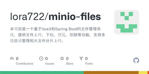 Github Lora722minio Files 本项目是一个基于vue3和spring Boot的文件管理系统，提供文件上传、下载、预览、删除等功能，支持多级目录管理和大文件分片上传。