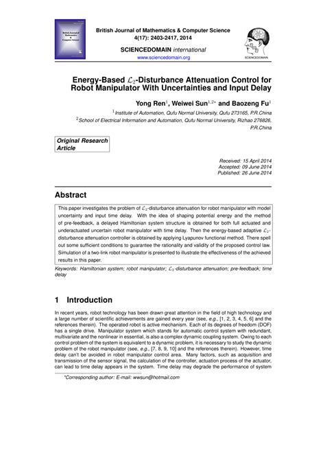 Pdf Energy Based Disturbance Attenuation Control For Robot