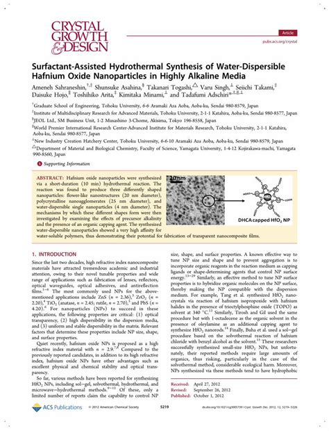 Pdf Surfactant Assisted Hydrothermal Synthesis Of Water Dispersible