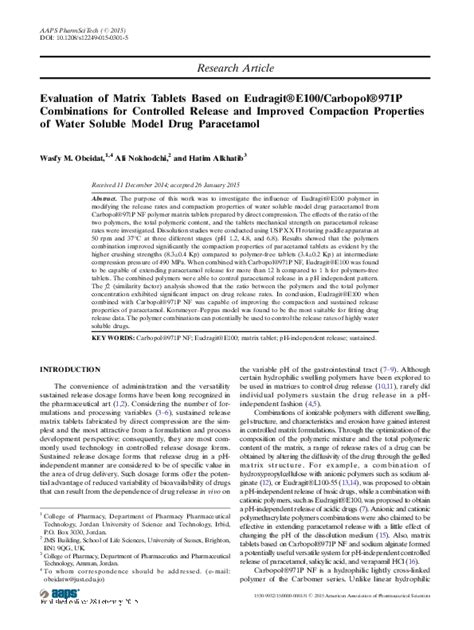 Pdf Evaluation Of Matrix Tablets Based On Eudragit®e100 Carbopol®971p Combinations For