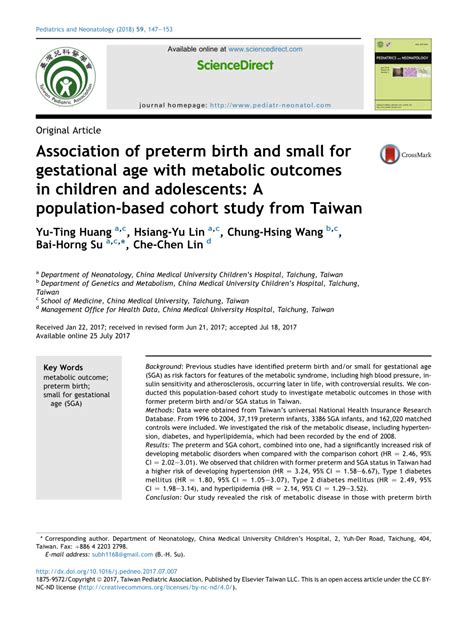 Pdf Association Of Preterm Birth And Small For Gestational Age With Metabolic Outcomes In