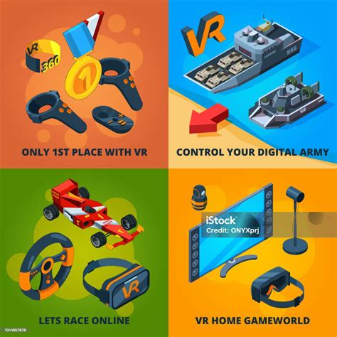 Vr 컴퓨터 게임입니다 디지털 엔터테인먼트 몰입 형 가상 현실 헬멧 헤드셋 벡터 개념 아이소메트릭 재생 사람들 경험 3차원 형태에 대한 스톡 벡터 아트 및 기타 이미지
