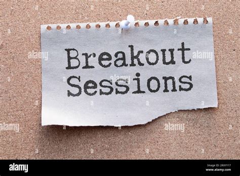 Top View Of Open Notebook With Stickers And Glasses Word On Page Breakout Session Stock Photo