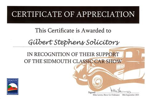Sidmouth Car Show Certificate Gilbert Stephens Llp Solicitors