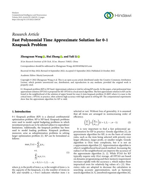 Pdf Fast Polynomial Time Approximate Solution For 0 1 Knapsack Problem