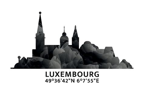 룩셈부르크 도시 파노라마 벡터 배지 스카이 라인 로고 및 아이콘 랜드마크와 건물 실루엣이 있는 Horizon 로고 고립된 안개가 자욱한 추상적 그라디언트 그래픽 성 건축물에