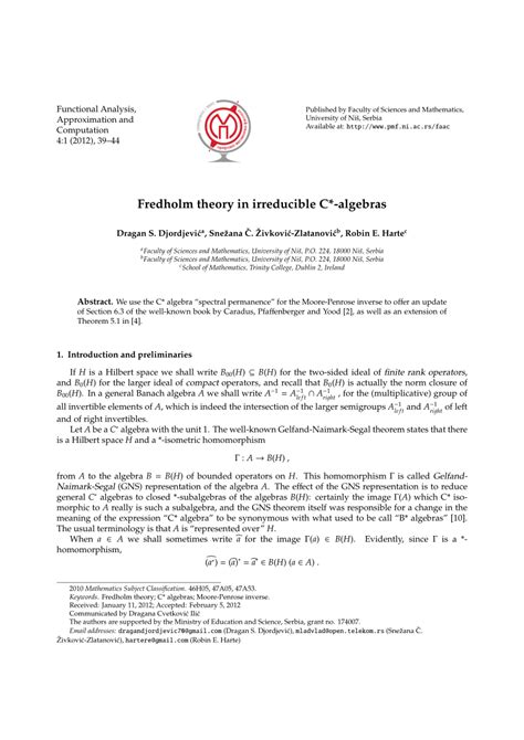 Pdf Fredholm Theory In Irreducible C Algebras