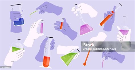화학 물질이 있는 손 시험관과 측정 도구를 가진 의학 과학자 세균 플라스크와 장갑을 낀 화학자 과학 실험실 벡터 세트 시험관에
