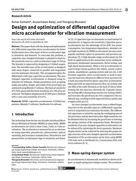 Pdf Design And Optimization Of Differential Capacitive Micro Accelerometer For Vibration