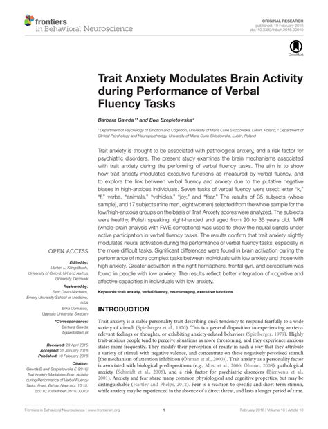 Pdf Trait Anxiety Modulates Brain Activity During Performance Of