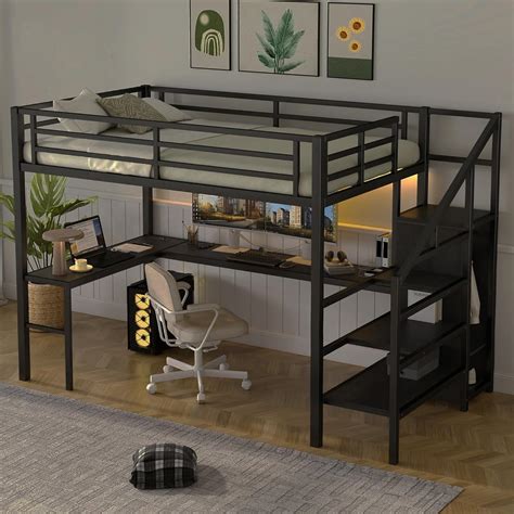 Bellemave Full Size Metal Loft Bed With L Shaped Desk And Wardrobe Heavy Duty Loft Bed Frame