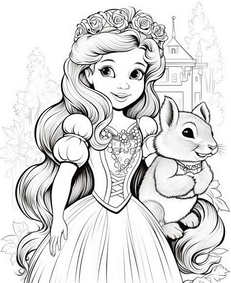 Premium Photo Whimsical Princess And Playful Squirrel Coloring Page