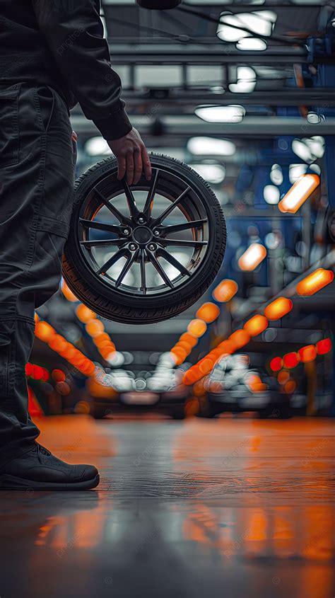 배경이 흐릿한 자동차 작업장에서 새 타이어를 들고 있는 정비공의 클로즈업 배경 화면 및 일러스트 무료 다운로드 Pngtree