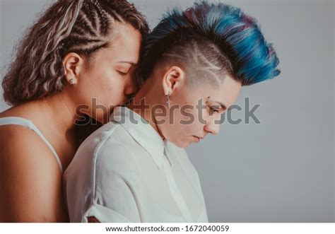 Real Lesbian Couple Hugging Kissing White Stock Photo Shutterstock