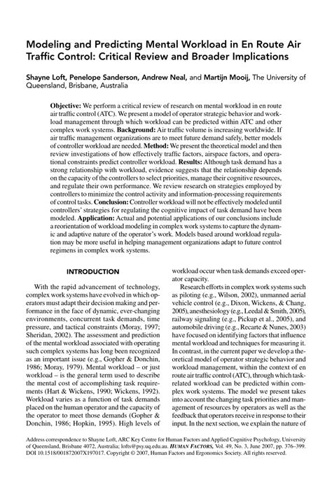 Pdf Modeling And Predicting Mental Workload In En Route Air Traffic Control Critical Review