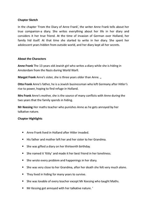 Chapter Sketch Chapter Sketch In The Chapter ‘from The Diary Of Anne Frank The