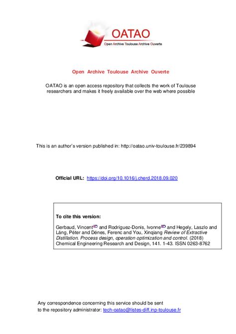 Pdf Review Of Extractive Distillation Process Design Operation