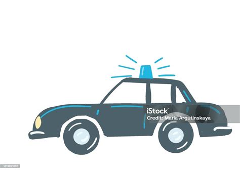 진한 파란색 승용차 파란 사이렌과 고립 된 자동차 비상 경찰차 손으로 그린 만화 스타일 벡터 일러스트 Brand Name Domestic Car에 대한 스톡 벡터 아트 및