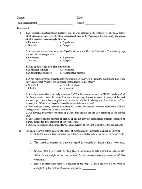 exercise 1 pdf sampling statistics mean