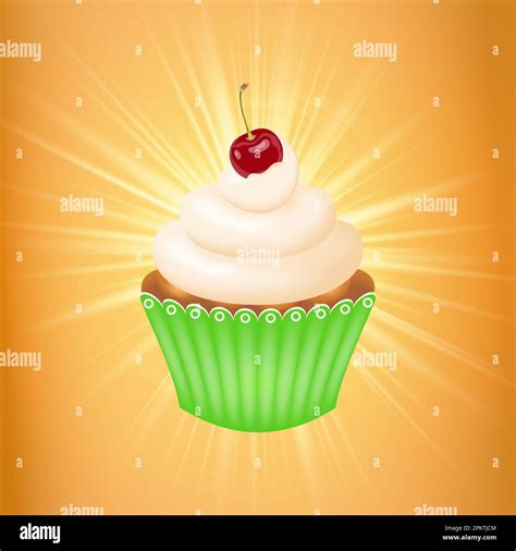 Cupcake With Cream And Cherry Cupcake With Whipped Cream And Cherries Packaged In A Green