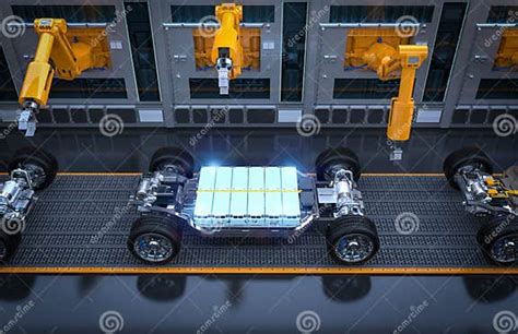 Robot Assembly Line With Glowing Ev Car Battery On Undercarriage Platform Stock Illustration