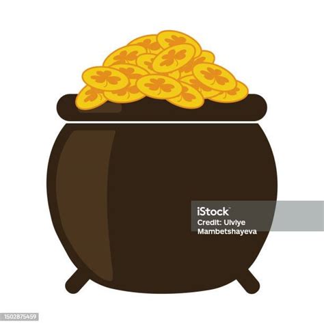 성 패트릭 데이 냄비는 흰색 바탕에 금색으로 분리되어 있다 금화의 아일랜드 휴일 상징 가마솥의 벡터 그림 3월에 대한 스톡 벡터 아트 및 기타 이미지 Istock