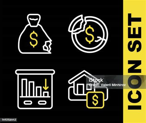 라인 달러 환율 감소 판매 파이 차트 인포그래픽 및 머니 백 아이콘이 있는 매달린 기호를 설정합니다 벡터 0명에 대한 스톡 벡터