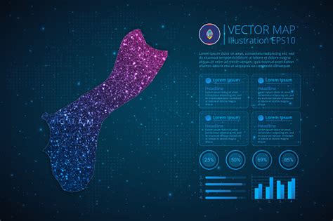 괌 지도 인포그래픽 템플릿은 다이어그램 그래프 프리젠테이션 및 차트에 파란색 배경에 추상적인 기하학적 메쉬 다각형 조명 개념이 있다 0명에 대한 스톡 벡터 아트 및 기타