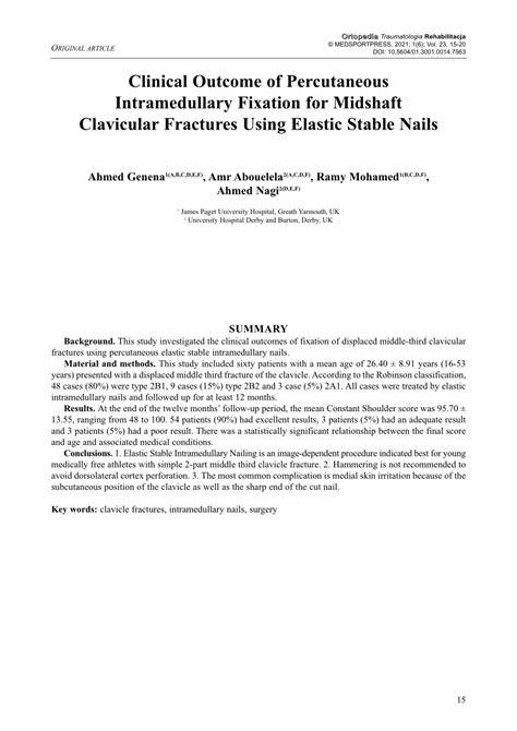 Pdf Clinical Outcome Of Percutaneous Intramedullary Fixation For Midshaft Clavicular Fractures