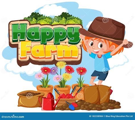 Font Design For Happy Farm With Happy Girl Stock Vector Illustration